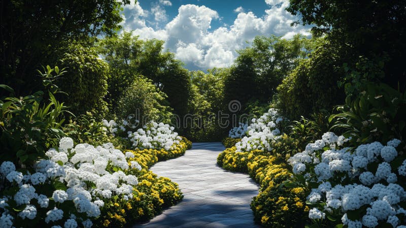 A Picturesque Path Surrounded by Lush White and Yellow Flora Stock ...