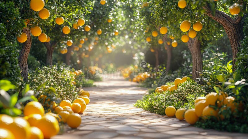 A Picturesque Pathway through Lush Lemon Trees with Scattered Golden ...