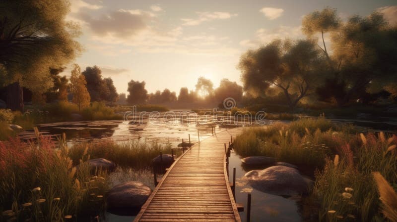 A Picturesque Pathway through the Sunset Lake Stock Illustration ...