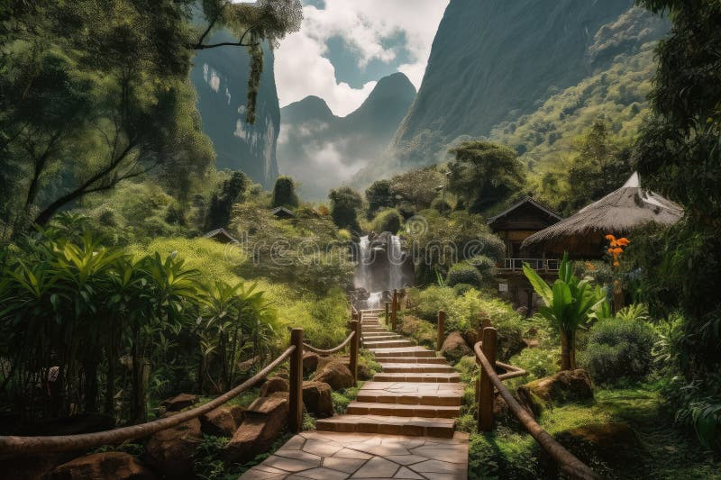 Picturesque Pathway with a View of Towering Mountain and Cascading ...