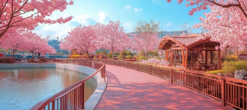 Picturesque Pathway Winding through a Vibrant Cherry Blossom Garden in ...