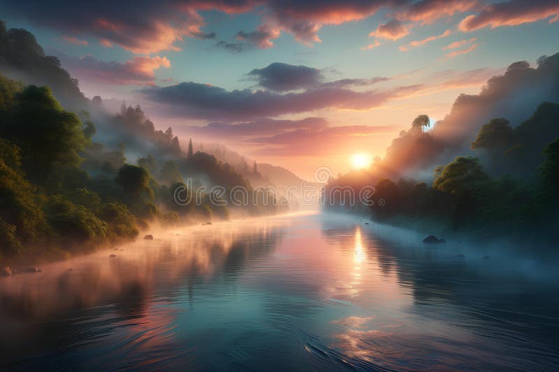 A Picturesque River at Dawn with Light Mist Rising Above the Water ...
