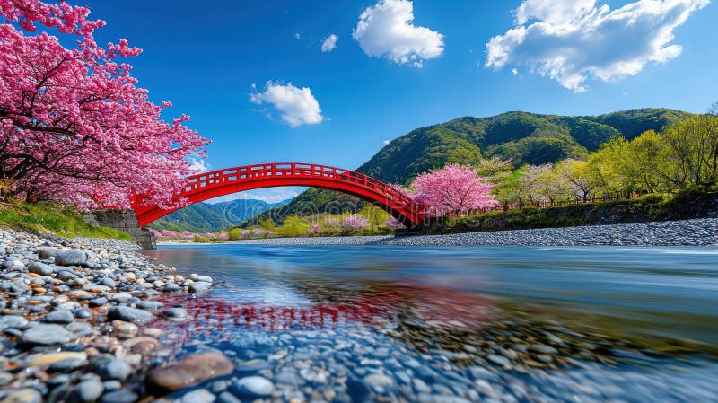 Picturesque Riverside Landscape with Cherry Blossoms and Red Bridge ...