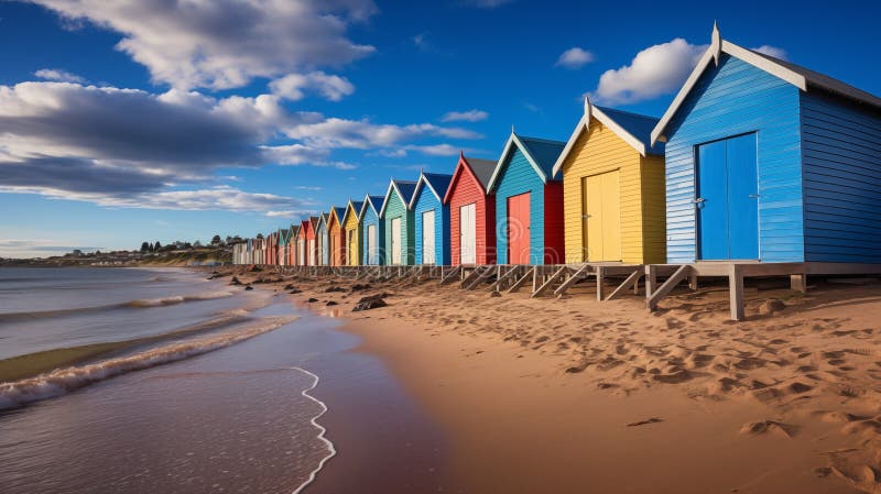 Picturesque Row of Colorful Beach Huts Along the Shoreline Stock Image ...