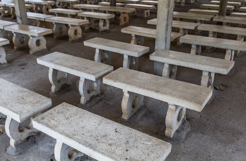 Picturesque Rows of White Stone Benches Perfectly Aligned Stock Image ...