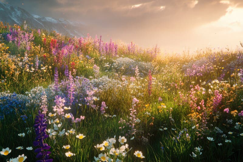 Picturesque Scene Field Wildflowers Against Backdrop Distant Mountain ...