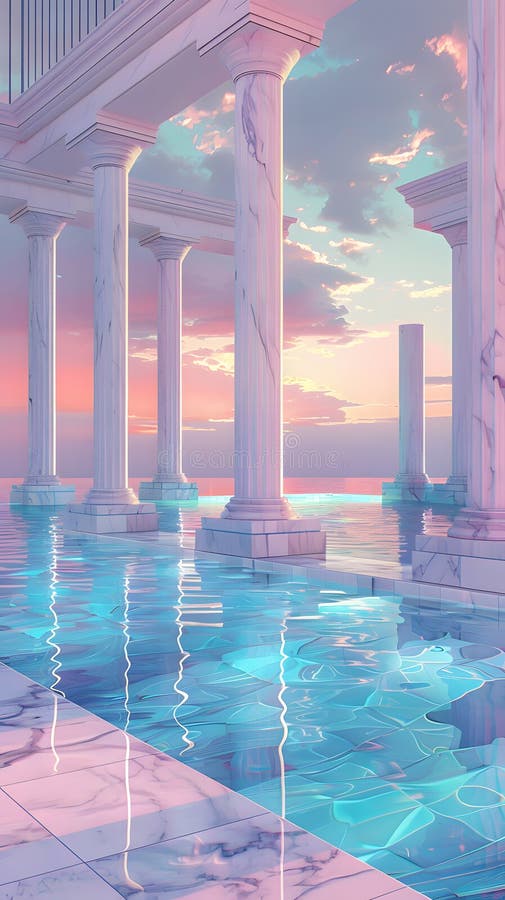 A Picturesque Scene of a Serene Marble Pool with Columns during Sunset ...