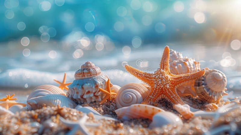 A Picturesque Scene of Various Beach Shells and a Starfish on a Sandy ...