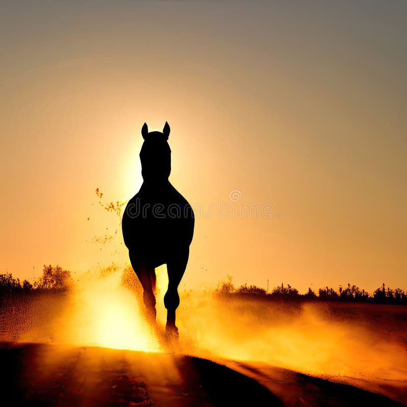 Silhouette of a Running Stallion Against the Setting Sun, Created with ...
