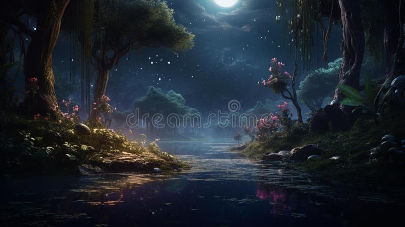 Picturesque Small Stream Winding Its Way through a Lush Forest at Night ...