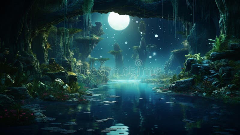 Picturesque Small Stream Winding Its Way through a Lush Forest at Night ...