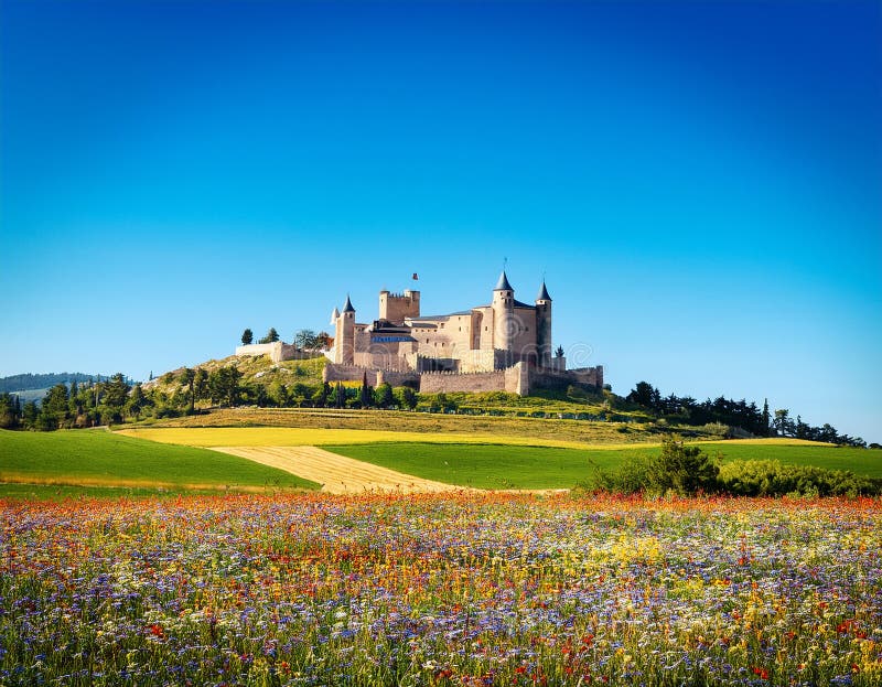 A Picturesque Spanish Castle Viewed from Afar with Rolling Fields and ...