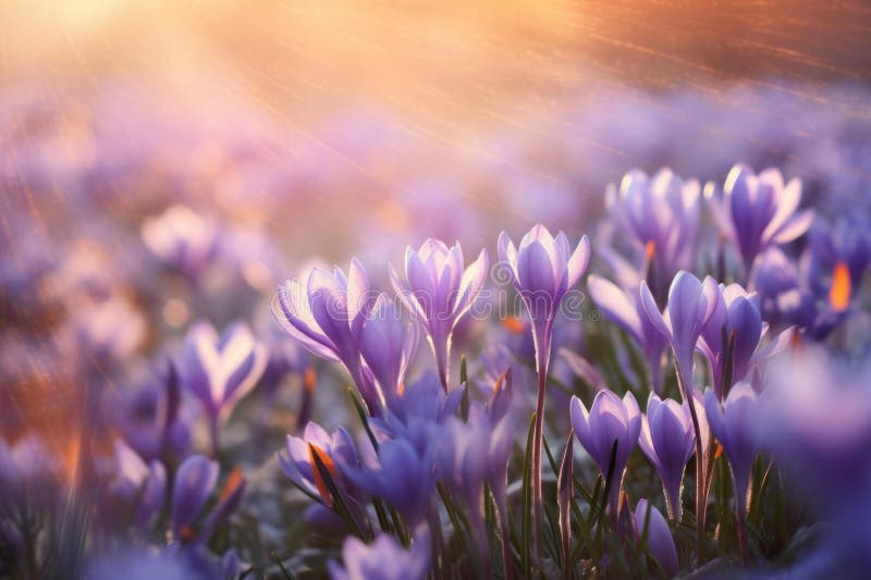 Picturesque Sunny Crocus Field. Generate AI Stock Image - Image of farm ...