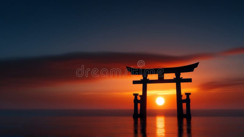 A Picturesque Torii Gate at Sunset on a Beach Stock Illustration ...