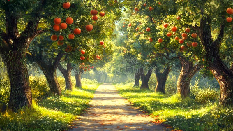 A Picturesque View of a Pathway Lined with Apple Trees Stock ...