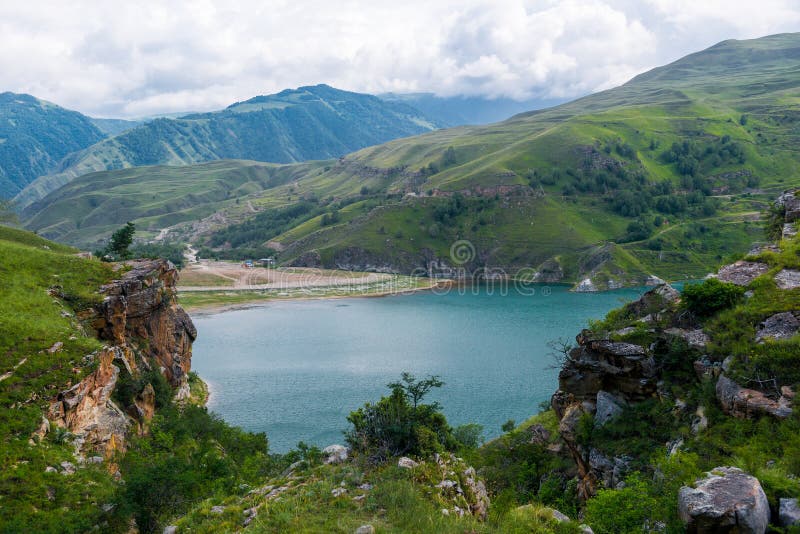 Picturesque View Steep Cliffs Mountain Lake Gizhgit Azure Water Stock ...