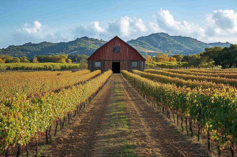 Picturesque Vineyard Landscape with a Rustic Barn and Mountains in the ...