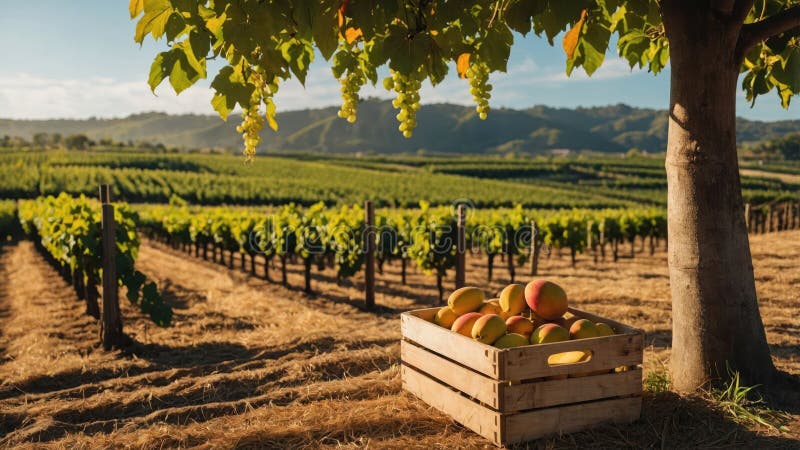 Ripe Mangoes in Wooden Crate at Vineyard Sunset Stock Illustration ...