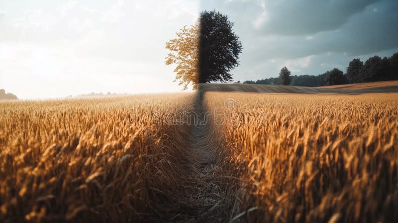 A Picturesque Wheat Field Divided by a Pathway, with a Lone Tree in the ...