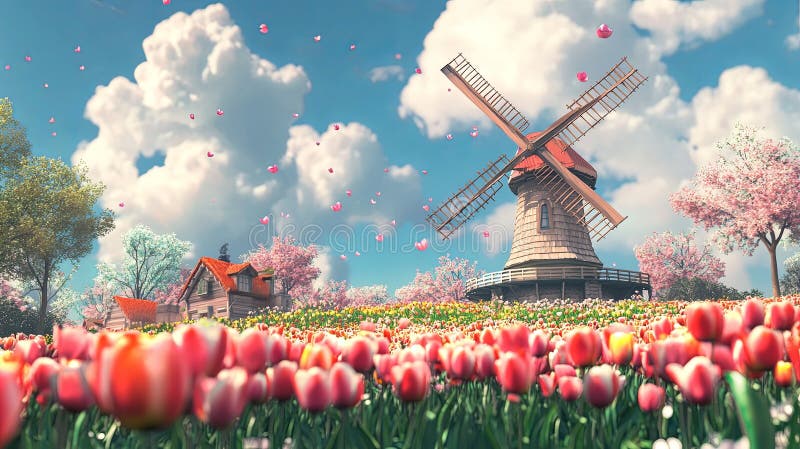 A Picturesque Windmill Set in a Field of Blooming Tulips during Spring ...