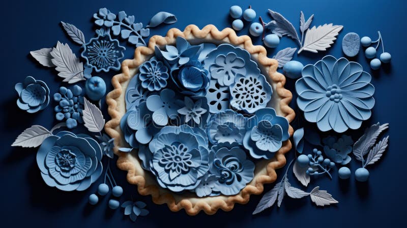 A Pie with Blue Flowers and Leaves on a Dark Background, AI Stock Image ...