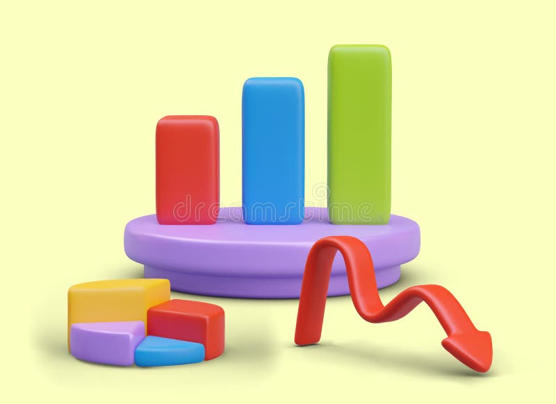 Pie Chart, Bar Graph on Podium, Arrow Pointing Down. Color Vector ...