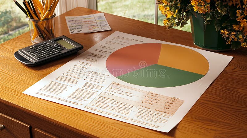 A Pie Chart is on a Desk with a Calculator and a Vase of Flowers Stock ...