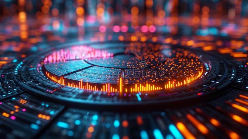 A Pie Chart Made of Neon Light Bars Glows in a Dark Futuristic Space ...