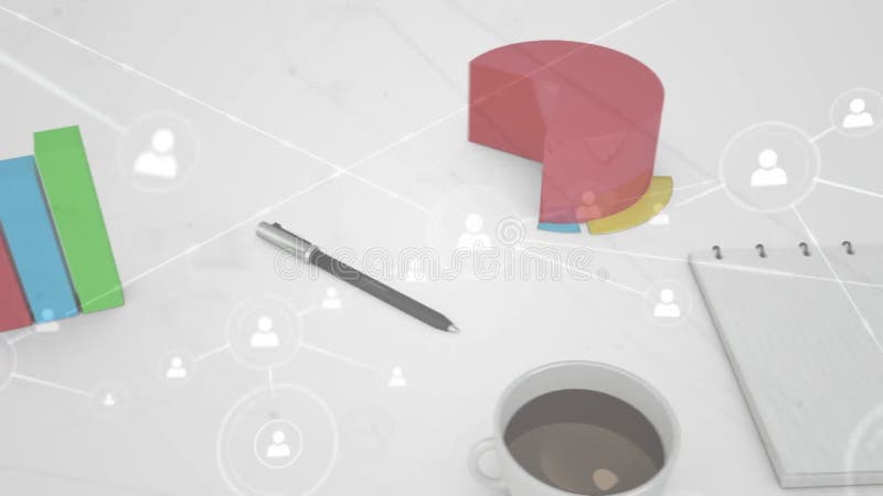 Pie Chart and Network Connections Animation Over Office Desk with ...