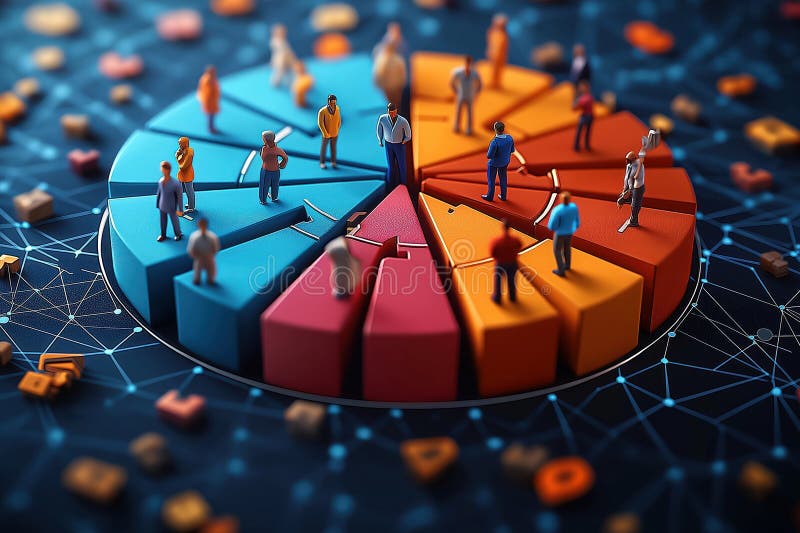 Pie Chart Visualization Displays Market Segmentation. Miniature People ...