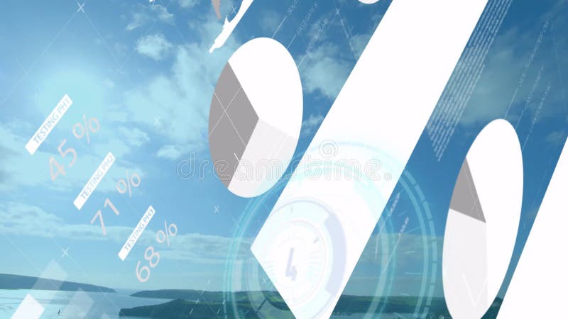 Pie Charts and Percentages Animation Over Scenic Landscape with Blue ...