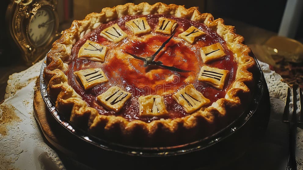 A Pie with a Clock on Top of it Sitting on a Table Stock Image - Image ...