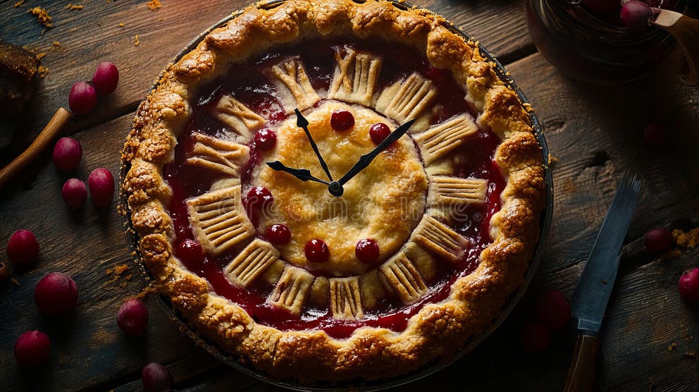 A Pie with a Clock on Top of it Sitting on a Table Stock Image - Image ...