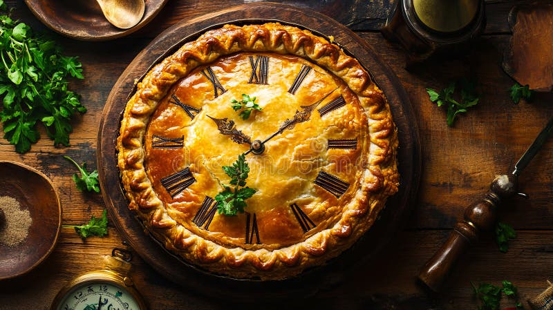 A Pie with a Clock on Top of it Sitting on a Wooden Table Stock Image ...