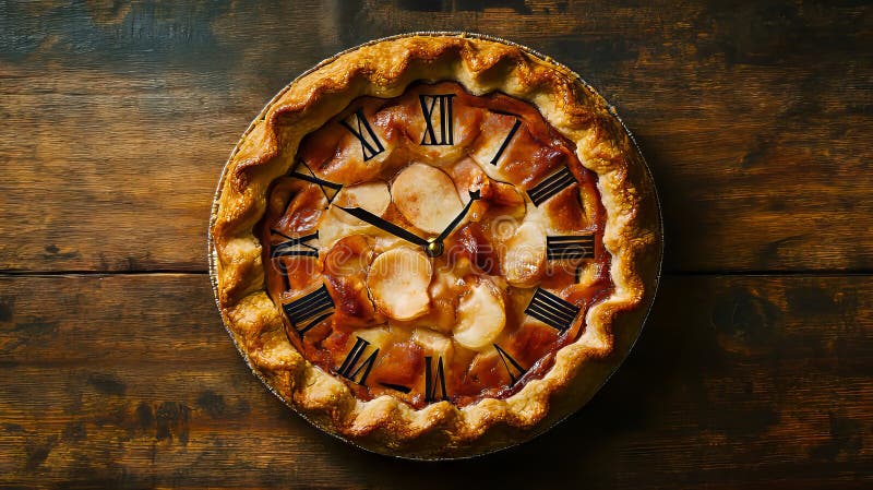 A Pie with a Clock on Top of it on a Wooden Table Stock Image - Image ...