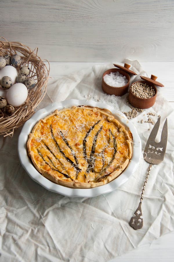 Pie with Cod, Salmon, Tomatoes, Cheese and Spring Onion Stock Photo ...