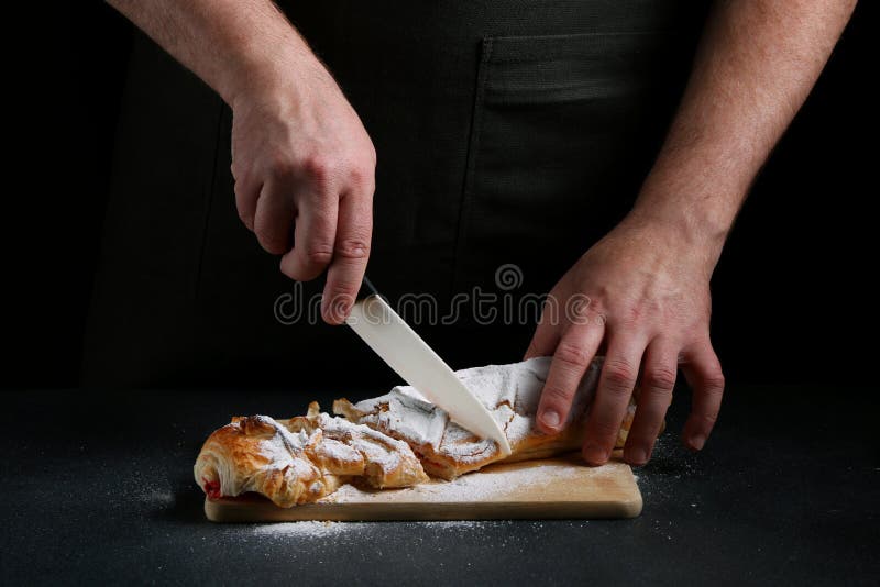 Pie on Dark with Hand. Concept of Decorating Bakery Stock Image - Image ...