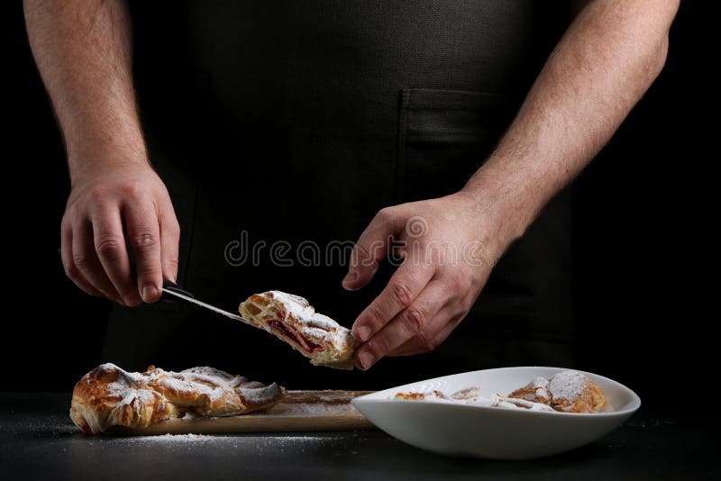 Pie on Dark with Hand. Concept of Decorating Bakery Stock Image - Image ...