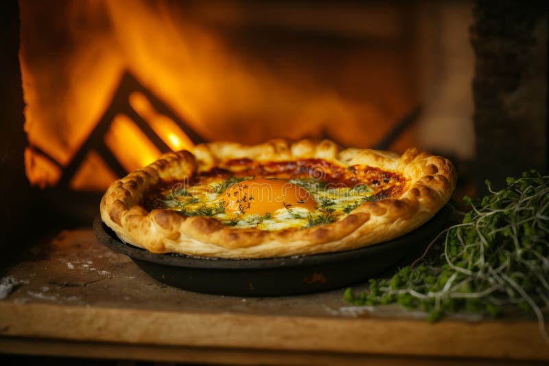 Pie with an Egg on Top Sitting in Front of Fire. Generative AI Stock ...