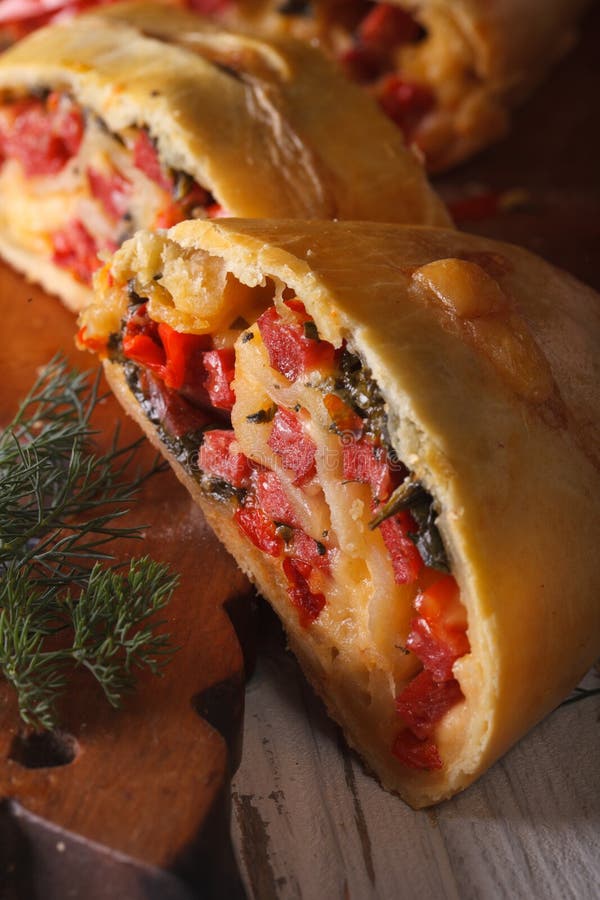 Pie with Ham, Cheese and Vegetables Macro. Vertical Stock Image - Image ...