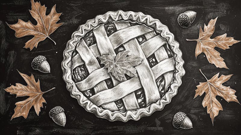 Pie Illustrated with Fall Leaves and Acorns on Chalkboard Stock ...