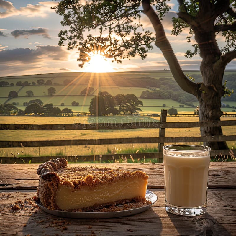 Pie and Milk on a Table with Sunset in the Background Stock Photo ...
