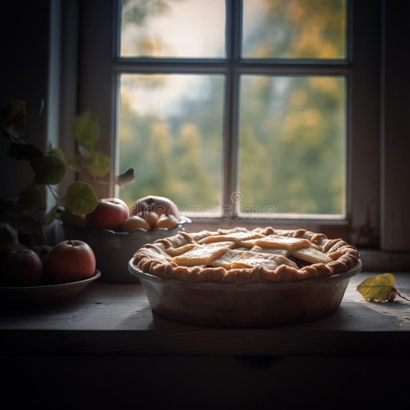 A Pie Sitting on a Table in Front of a Window Next To a Potted Plant ...