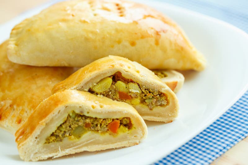 Pie Stuffed with Meat on a White Plate and Blue Checkered Tablecloths ...