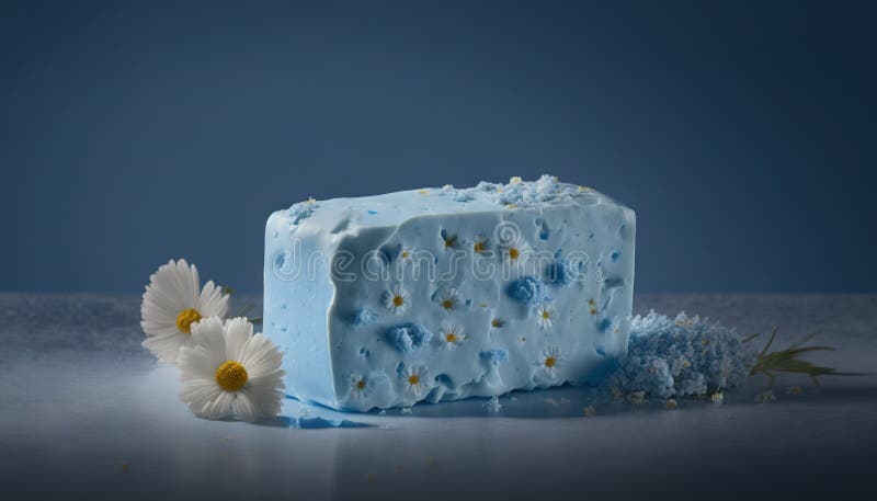 A Piece of Blue Soap Sitting on Top of a Table Next To a Flower and a ...