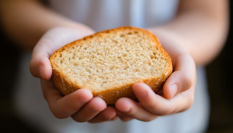 Piece of Bread in Children Hands. Hunger and Helping Concept. Stock ...
