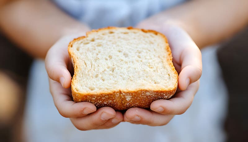 Piece of Bread in Children Hands. Hunger and Helping Concept. Stock ...