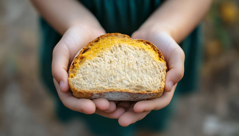 Piece of Bread in Children Hands. Hunger and Helping Concept. Stock ...