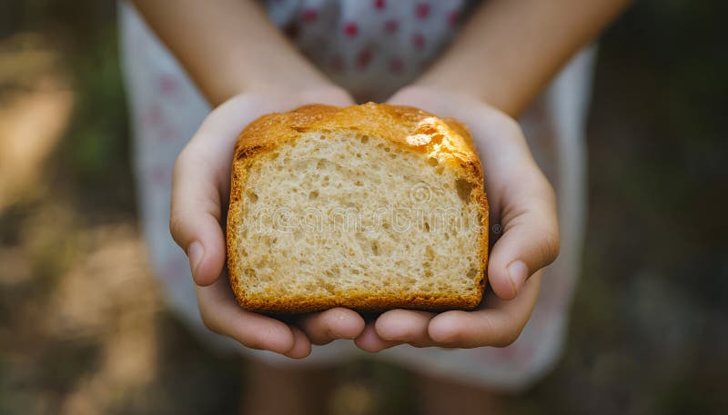 Piece of Bread in Children Hands. Hunger and Helping Concept. Stock ...