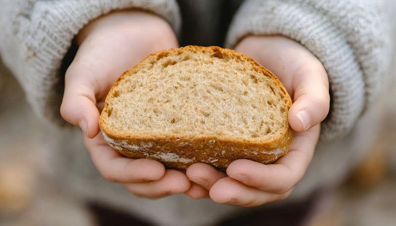 Piece of Bread in Children Hands. Hunger and Helping Concept. Stock ...